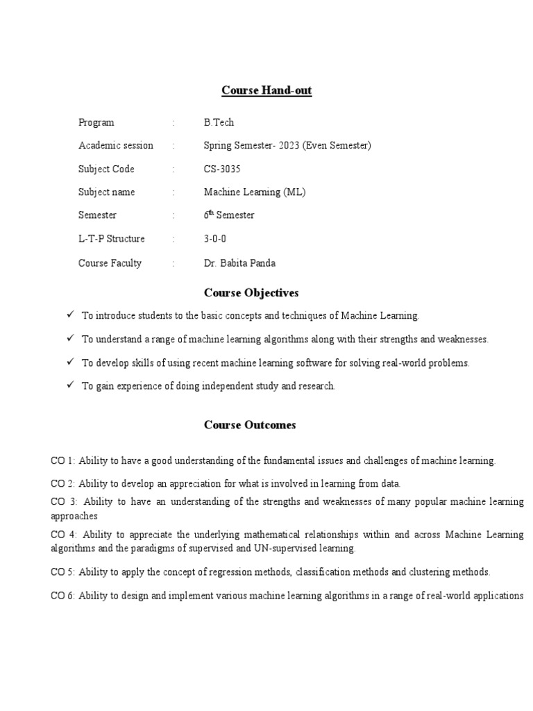 Lesson Plan - ML - Spring 2023 | PDF | Machine Learning | Regression Analysis