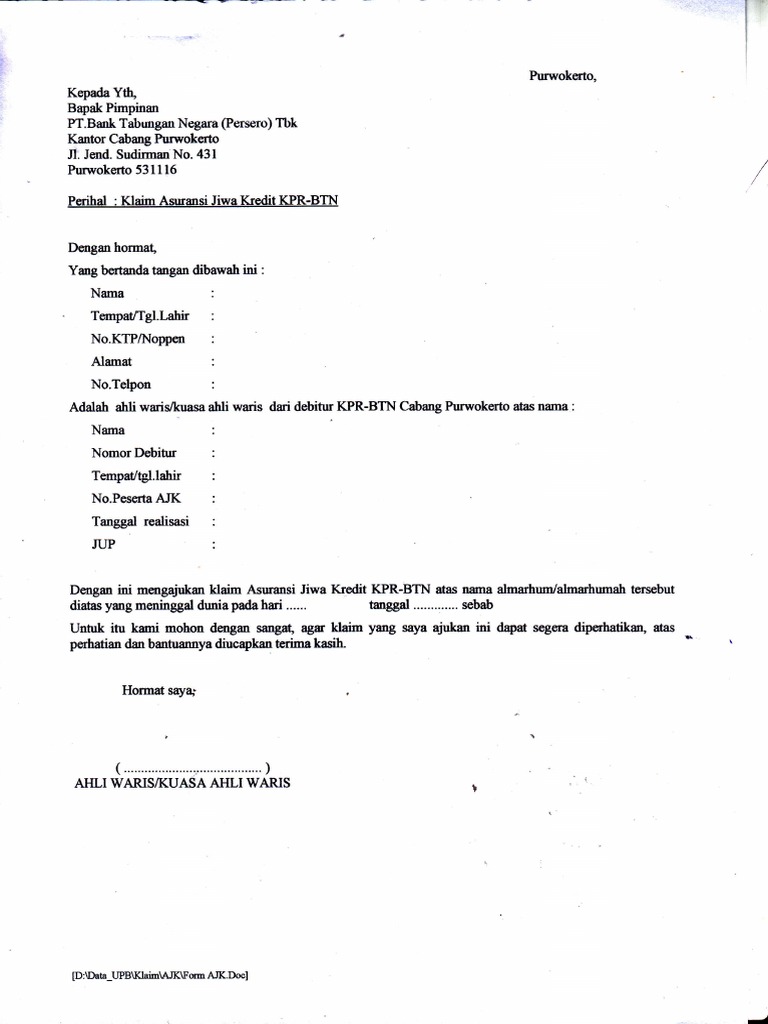 Form Pengajuan Klaim BTN | PDF