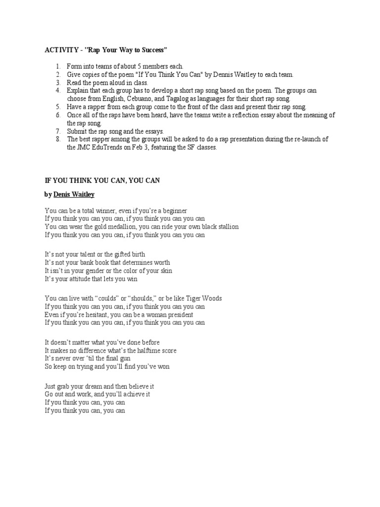 Rap Activity: "If You Think You Can" | PDF | Self-Improvement | General ...