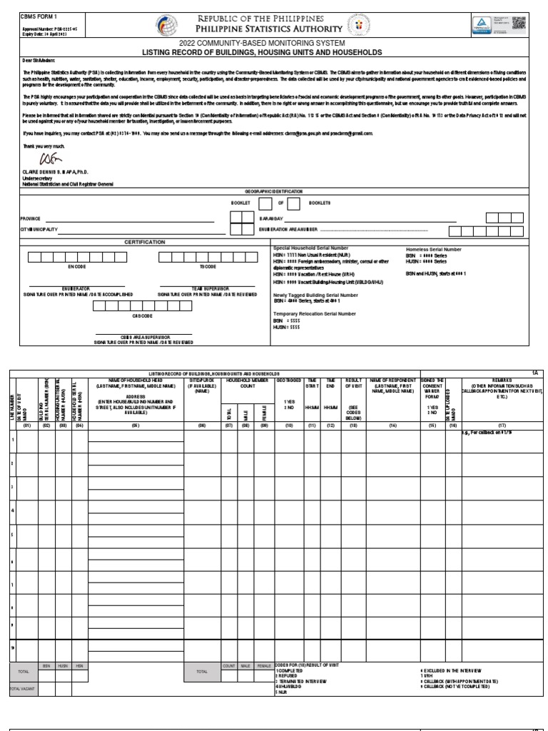 CBMS Form 1: Household Data Collection | PDF | Government