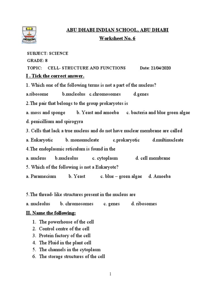 Grade 8 - Cell Structure Functions - H.A - 6, 2020-21 | PDF