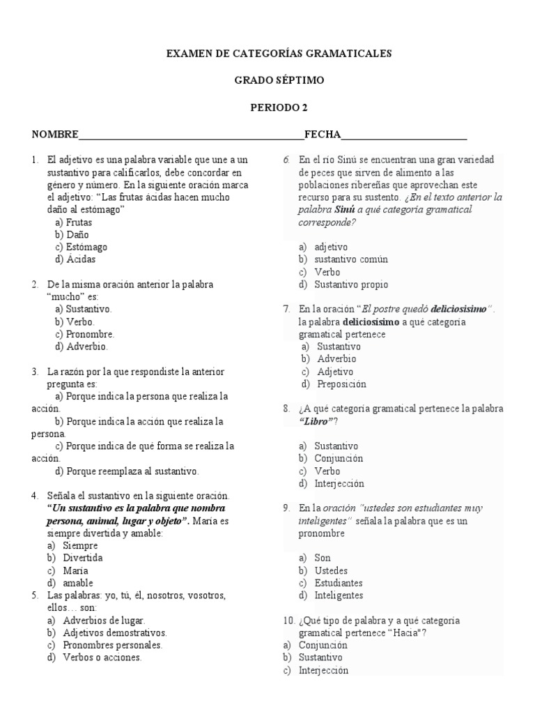 Examen de Categorías Gramaticales | PDF | Parte del discurso | Palabra
