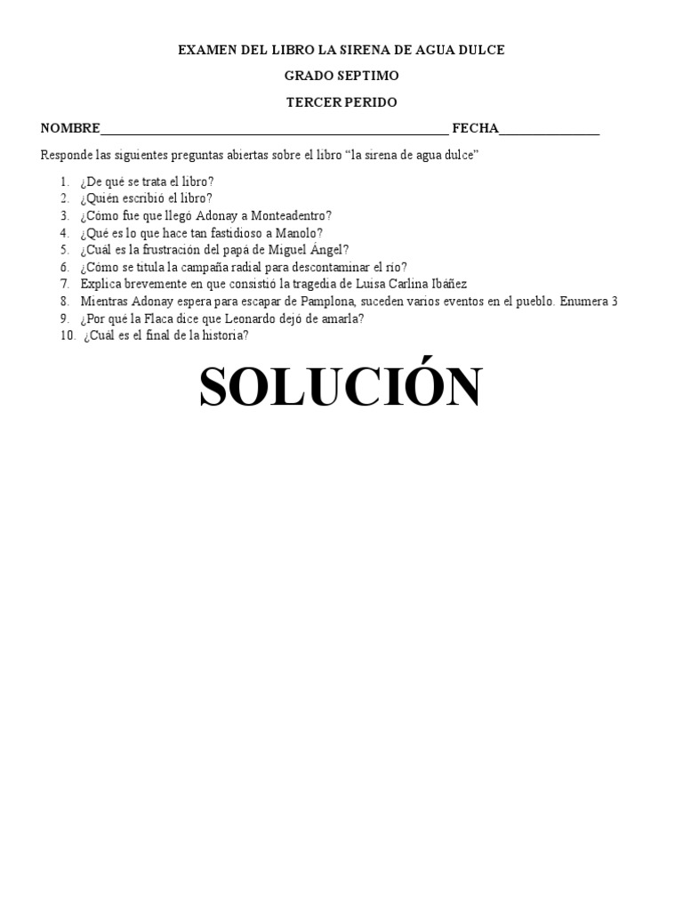 Examen Del Libro La Sirena de Agua Dulce | PDF