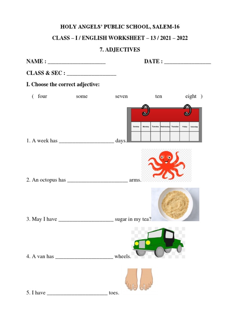 Worksheet on Adjectives for Class 1 Students at Holy Angels' Public ...