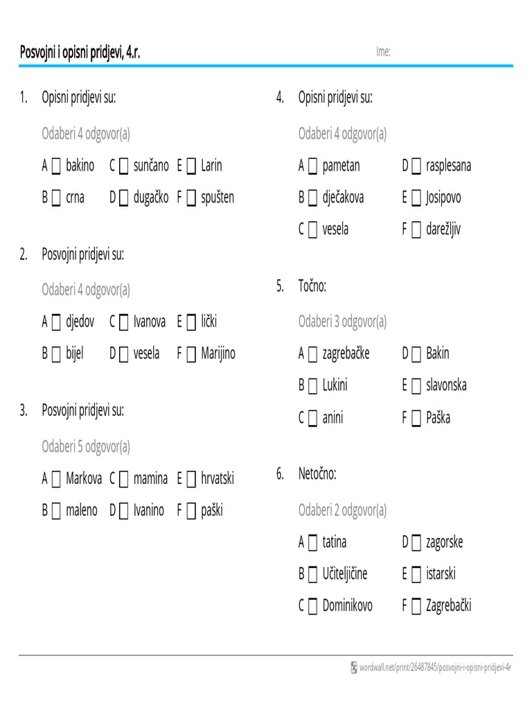 Posvojni I Opisni Pridjevi 4 - Razred - Ispit - Test | PDF