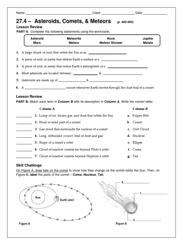 27.4 Asteroids Comets Meteors WORKSHEET | PDF | Comet | Meteoroid