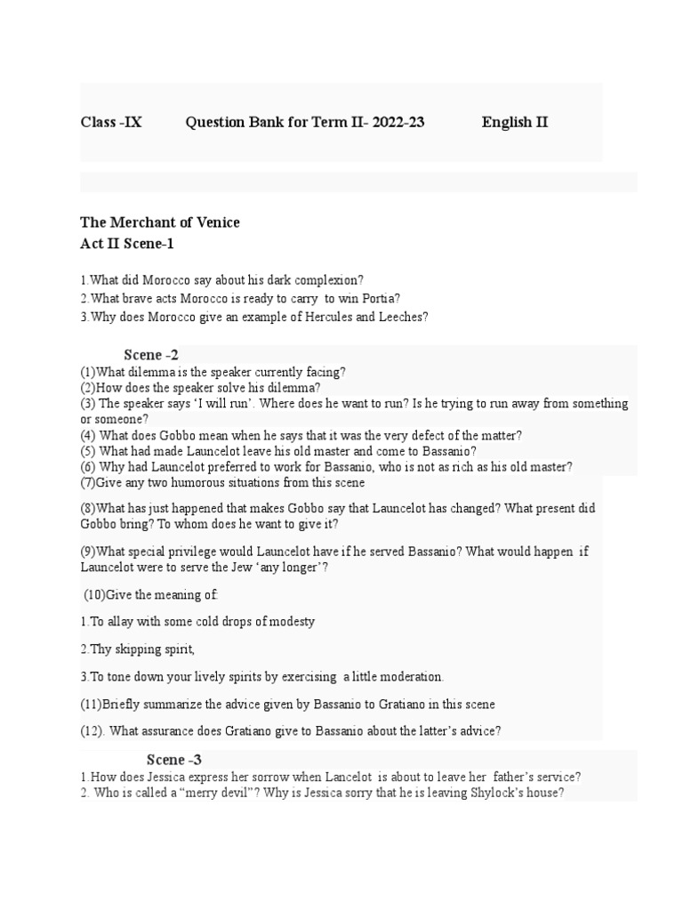 Class - IX Question Bank For Term II-2022-23 English II | PDF | The ...