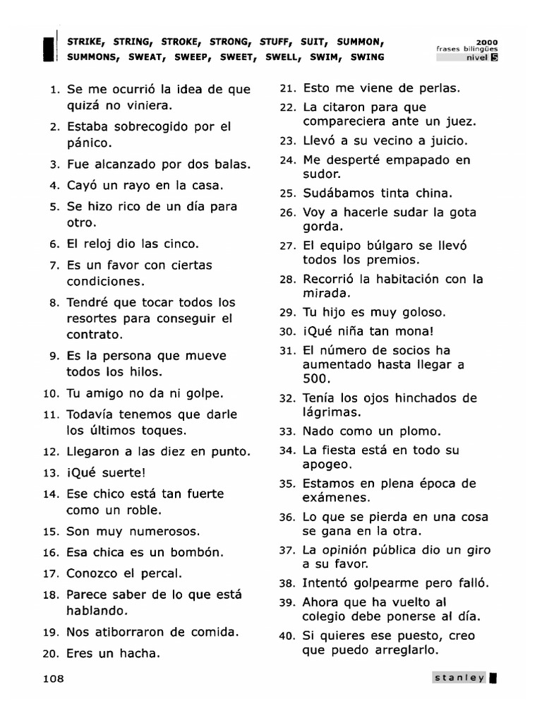 Palabras y frases en inglés con sus equivalentes en español | PDF