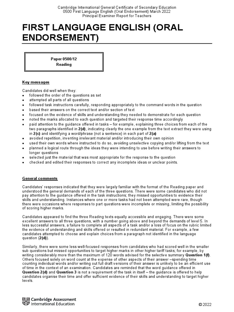 First Language English (Oral Endorsement) : Paper 0500/12 Reading | PDF ...