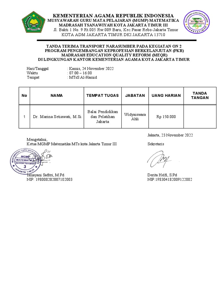 Tanda Terima Transport Narasumber Bu Marina On 2 | PDF