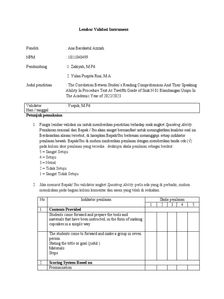 Lembar Validasi Instrument Speaking | PDF