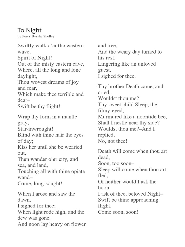 "To Night: A Poem by Percy Shelley" | PDF | Poetry
