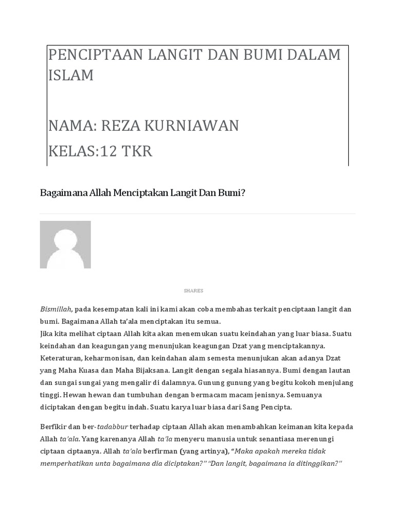 Penciptaan Langit Dan Bumi Dalam Islam - Reza Kurniawan Kelas 12 TKR | PDF