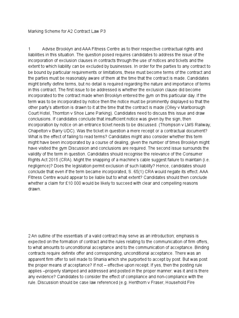 Marking Scheme A2 Contract Law P3 | Download Free PDF | Damages | Legal ...