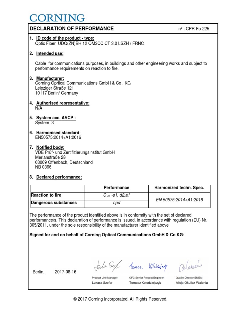 Declaration Performance Corning | PDF