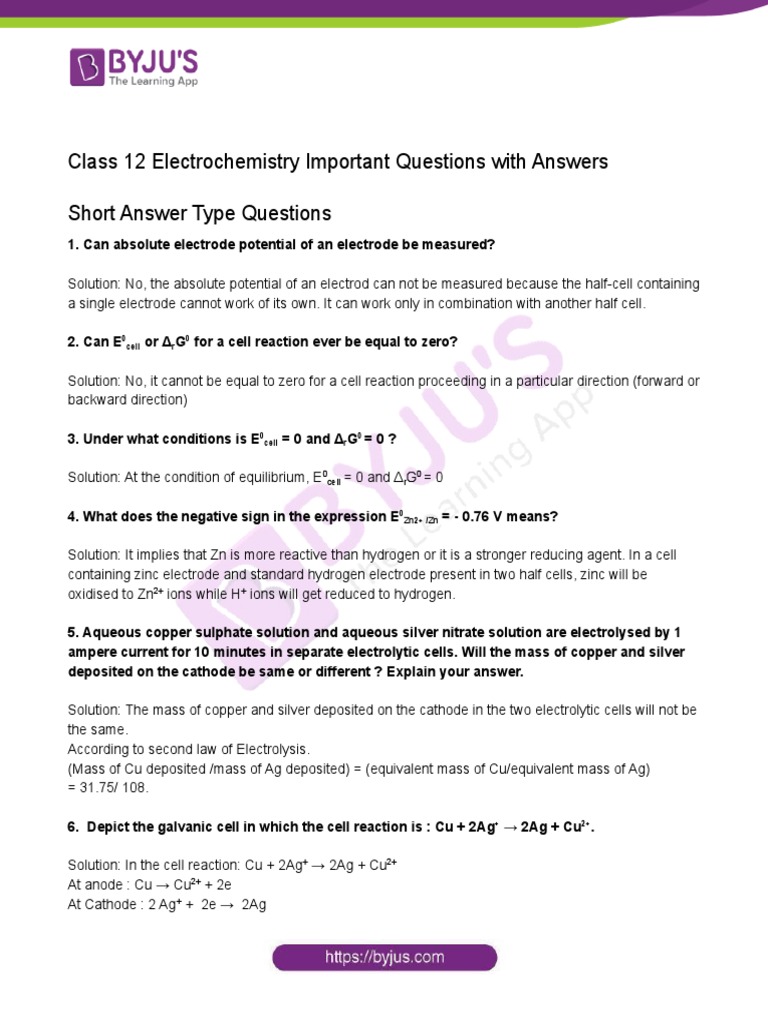 Class 12 Electrochemistry Q&A Guide | PDF | Electrolyte | Redox
