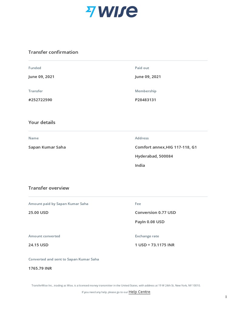 Wise Transaction Invoice 252722590 96637956 en | PDF | Banks | Banking