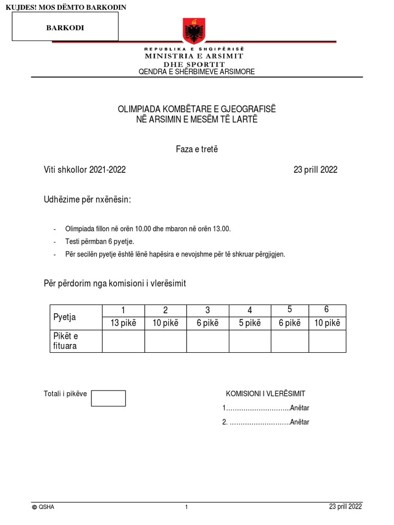 Testi I Gjeografisë AML Faza e 3 Të e Olimpiadës Kombëtare 2021 2022 | PDF