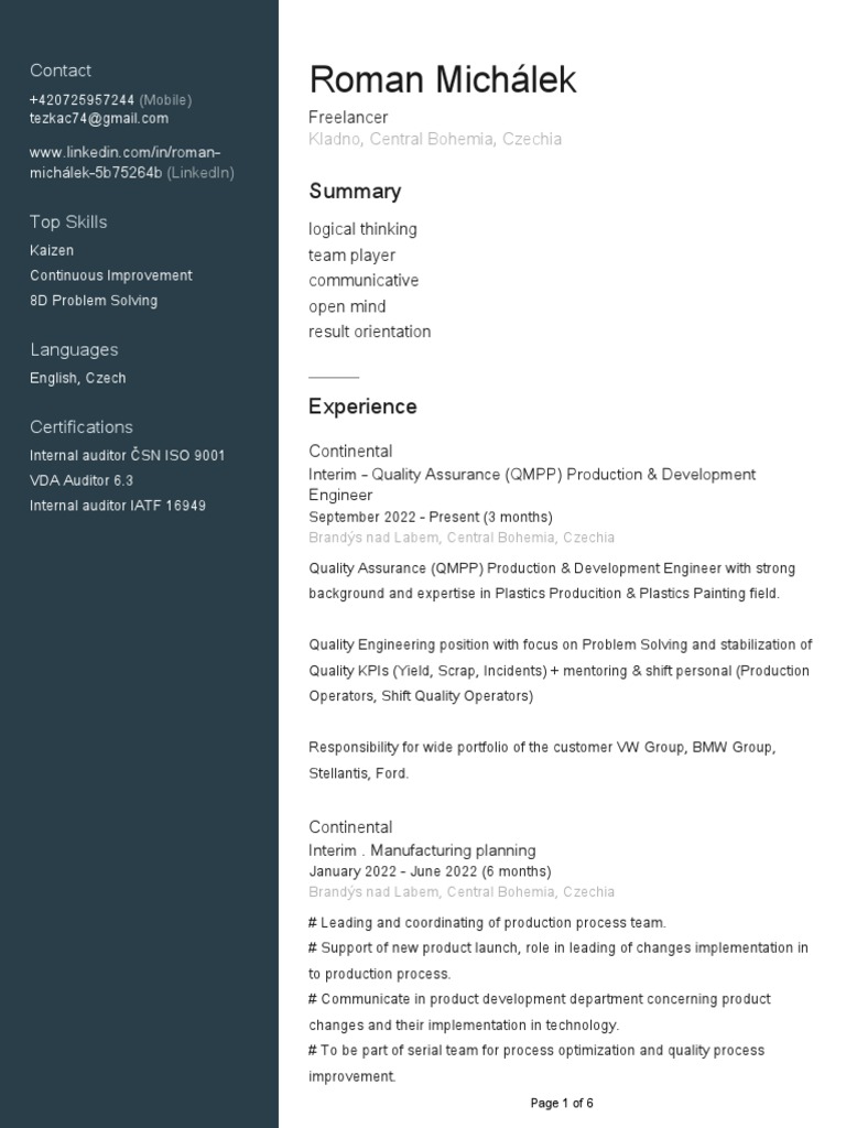 CV Roman Michálek | PDF | Supply Chain | Quality Assurance