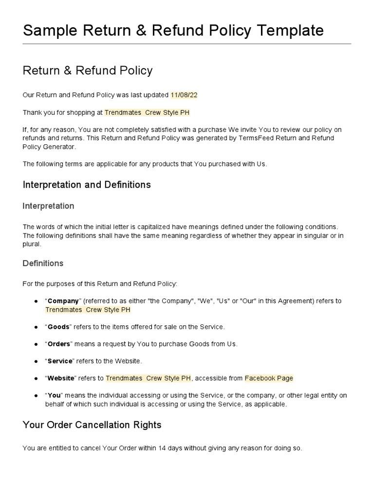 Sample Return Refund Policy Template | PDF | Justice | Crime & Violence