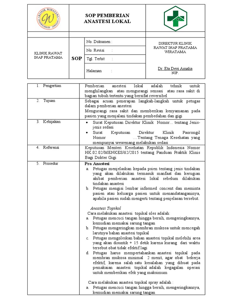 Sop Pemberian Anastesi Lokal | PDF