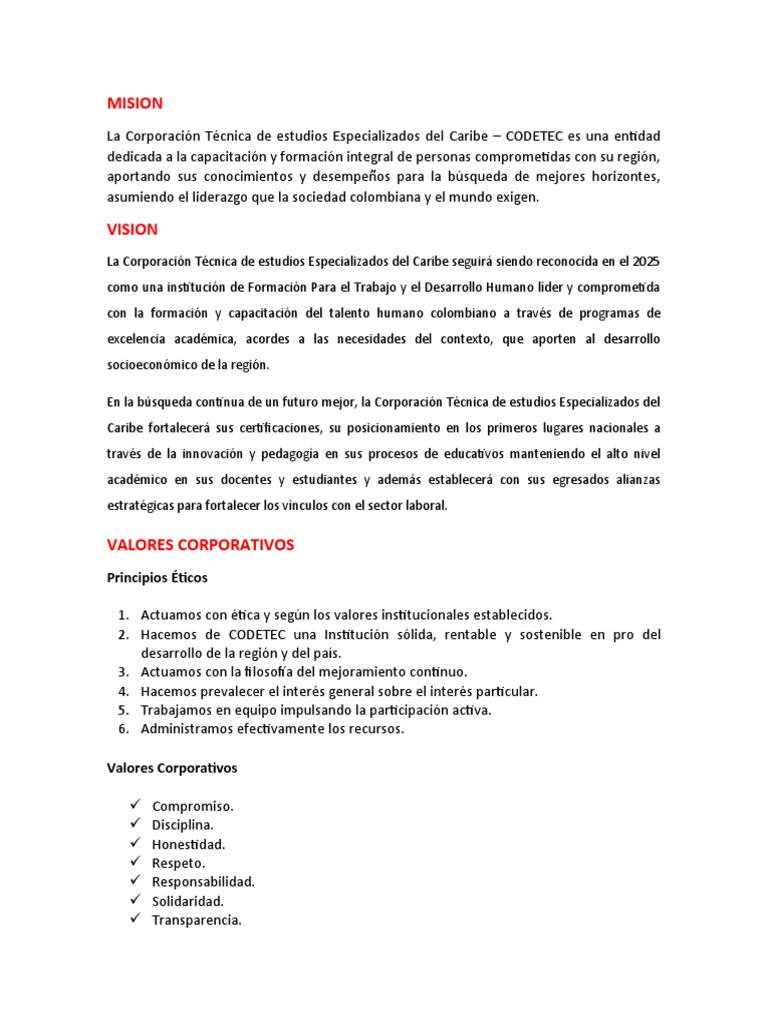 Misión, Visión, Valores, Politicas - Codetec - Docentes | PDF | Calidad ...