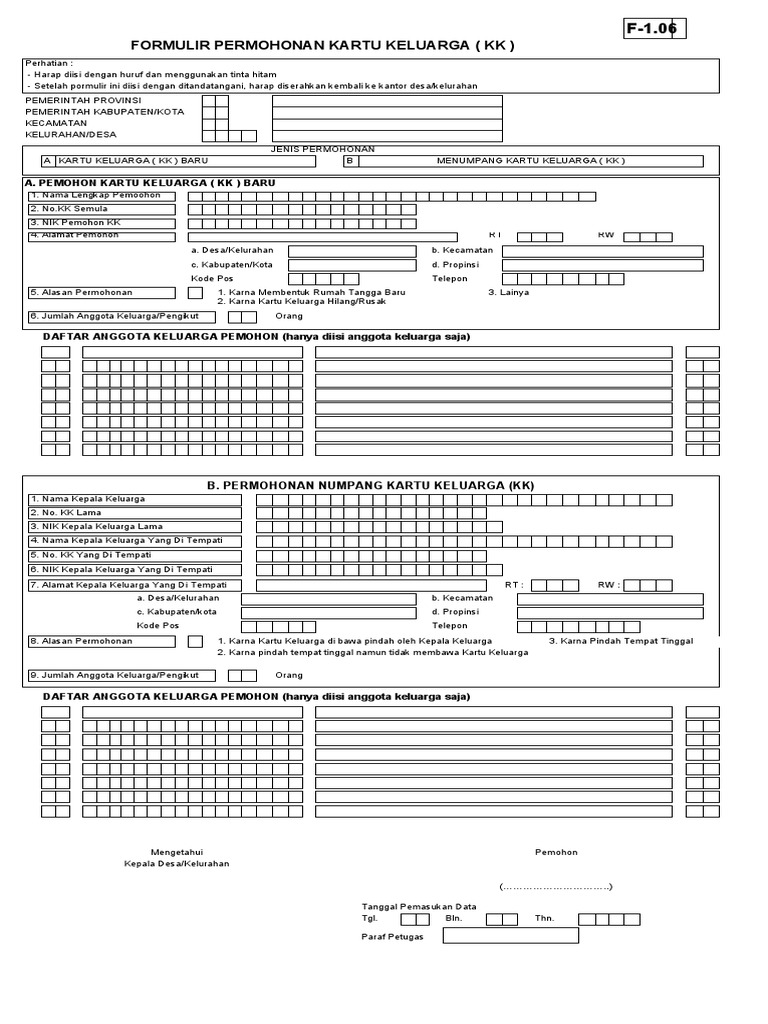 Formulir Permohonan Kartu Keluarga (KK) | PDF