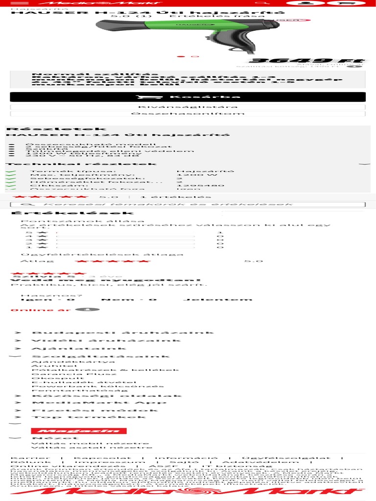 HAUSER H-124 Úti Hajszárító - MediaMarkt Online Vásárlás | PDF