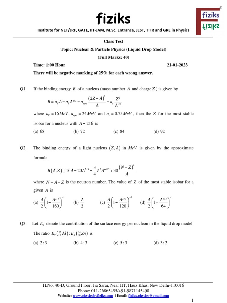 Liquid Drop Model Class Test Questions | PDF | Atomic Nucleus | Nuclear ...