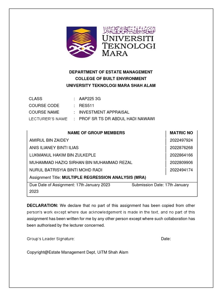 Report Res511 Ap2253g | PDF | Regression Analysis | Dependent And Independent Variables