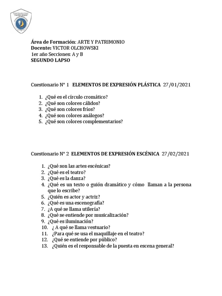 ÁRTE Y PATRIMONIO cuestionario 2do LAPSO PRIMER AÑO | PDF