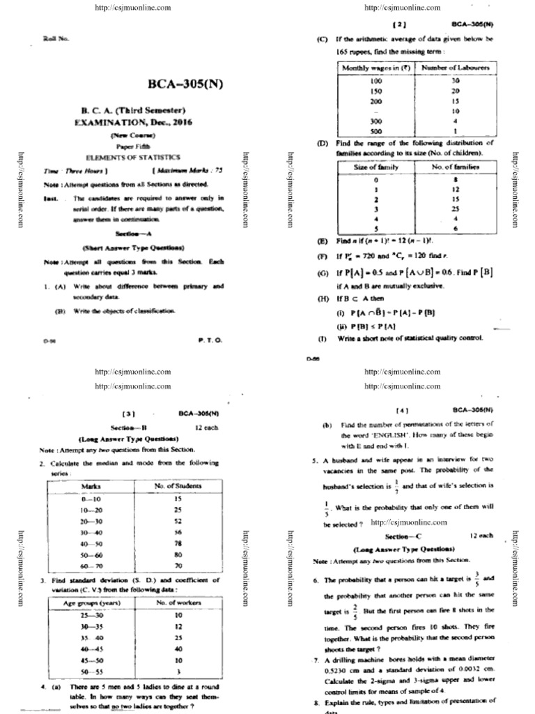 Bca 3 Sem Elements of Statistics Bca 305n Dec 2016 | PDF
