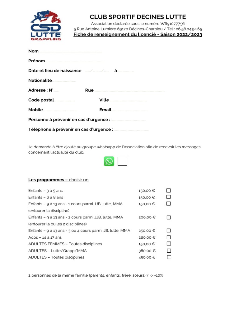 Formulaire Cotisation 2022 - 2023 | PDF
