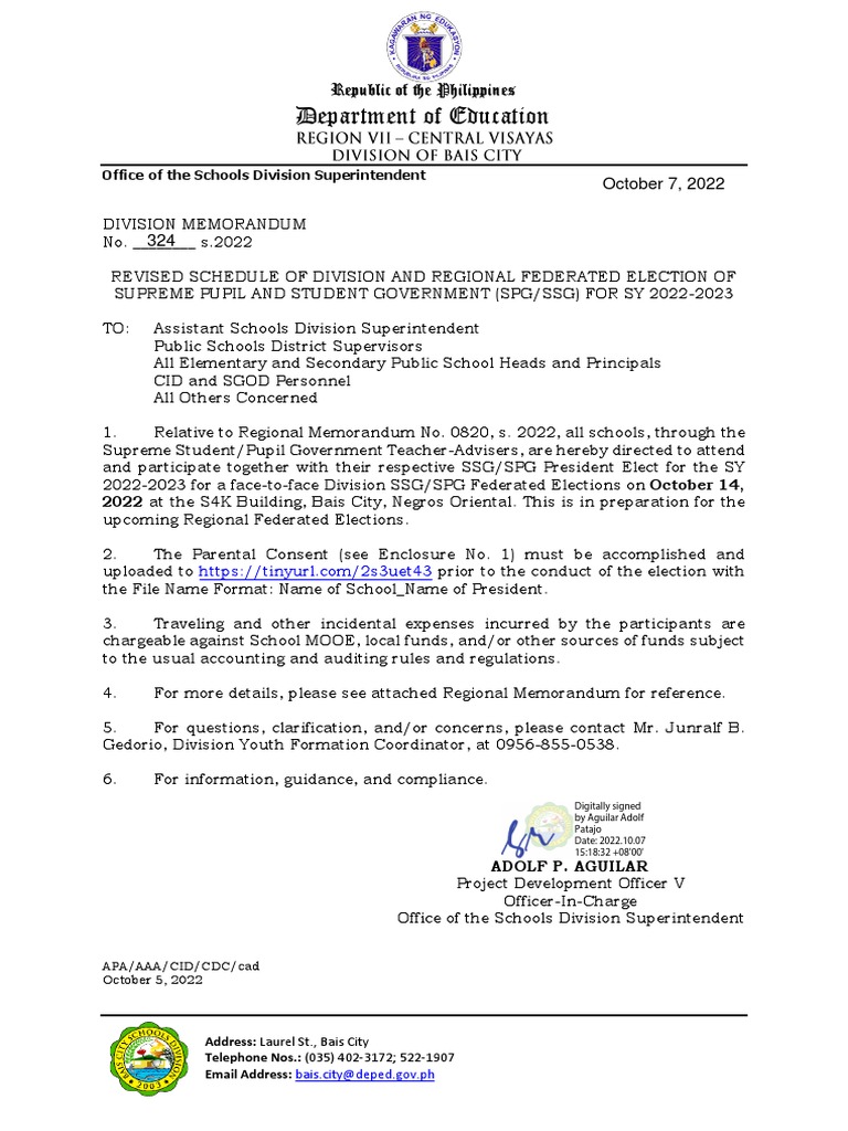 Revised Schedule and Guidelines for the Division Federated Election of the Supreme Pupil and ...