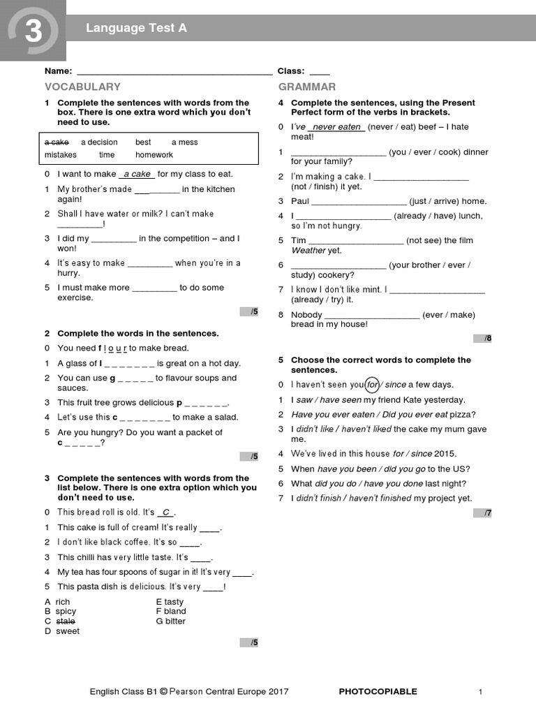 Language Test 3A Present Perfect | PDF | Cuisine | Food And Drink