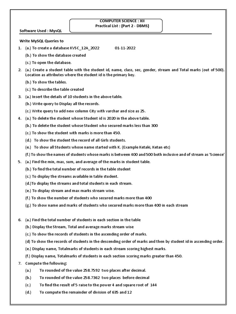 12 CS Part 2 Practical KVSC-modified | PDF | Databases | Information ...