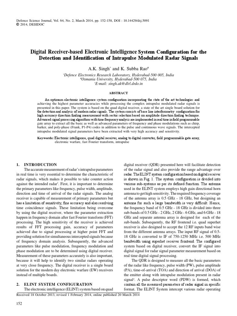 Digital Receiver-Based Electronic Intelligence System Configuration For The Detection and ...
