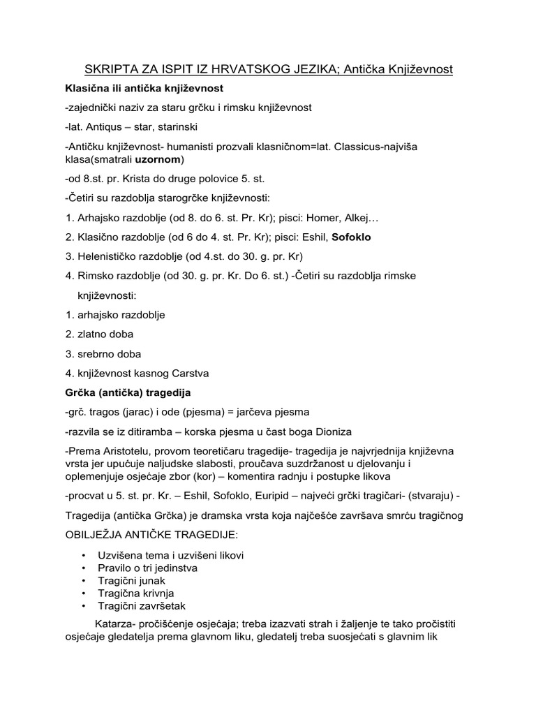 Skripta Iz Hrvatskog Jezika Anticka Knjizevnost | PDF