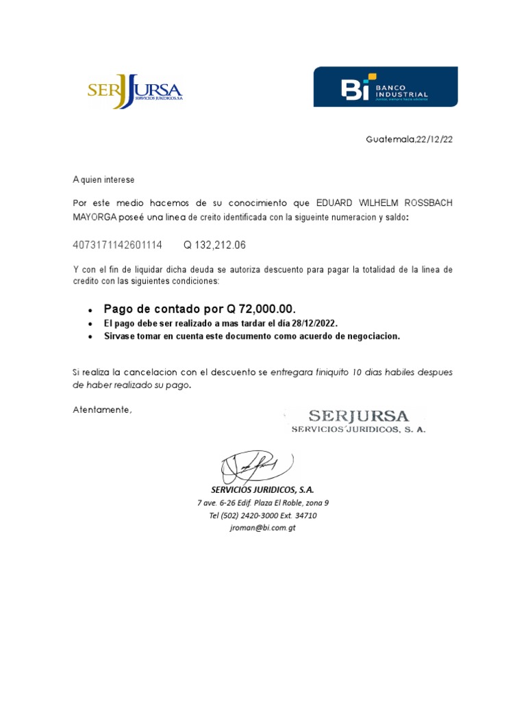 Carta de Acuerdo de Rebaja | PDF