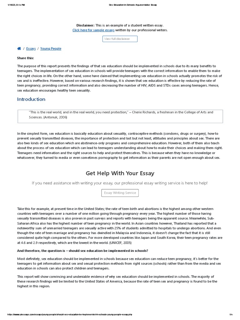 Sex Education in Schools Argumentative Essay | PDF | Sex Education ...