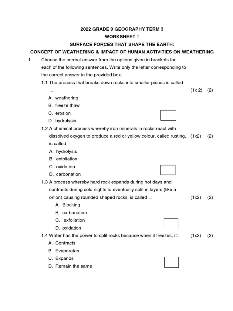 2022 Grade 9 Term 3 Geography Worksheets | PDF | Weathering | Erosion