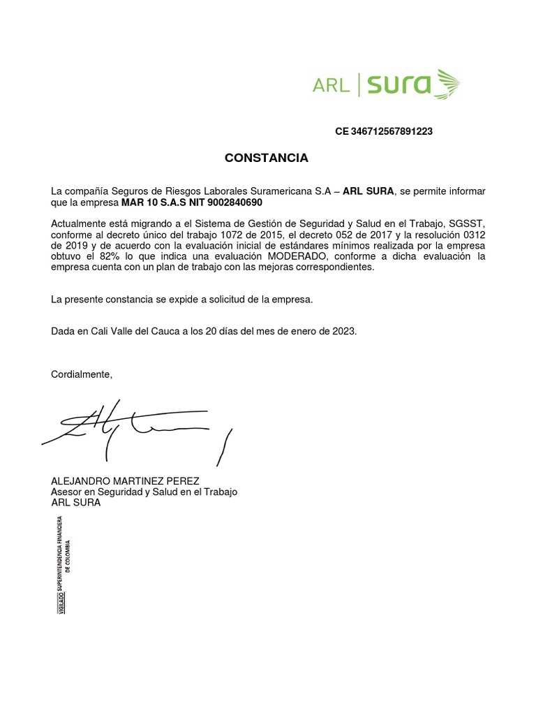 Certificado ARL SURA | PDF