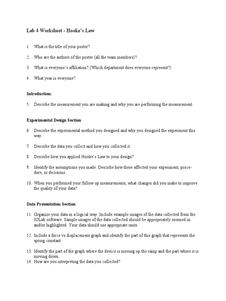 Lab 4 Worksheet Hookes Law | PDF