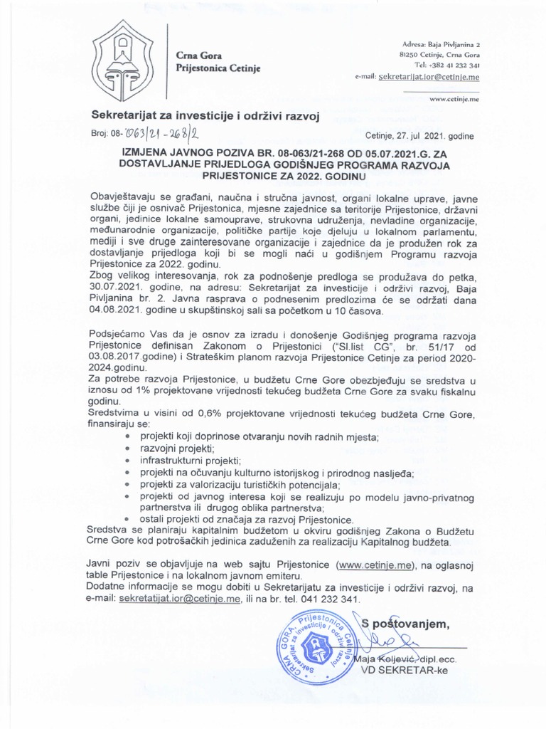 Izmjena Javnog Poziva Za 2022 | PDF