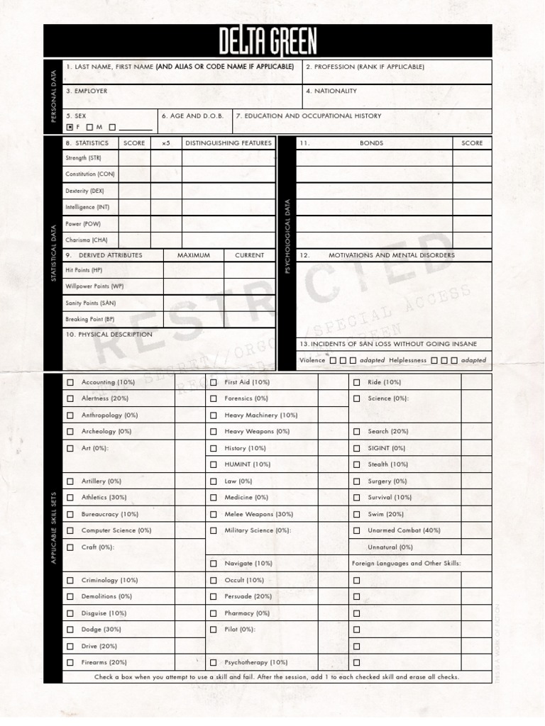 Ficha de Personagem - Delta Green (Editável) | PDF
