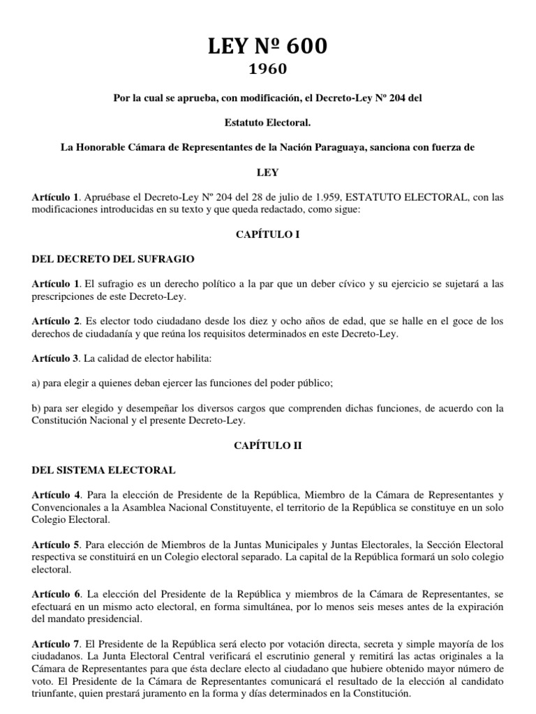 LEY No. 600 1960 | PDF | Elecciones | Votación