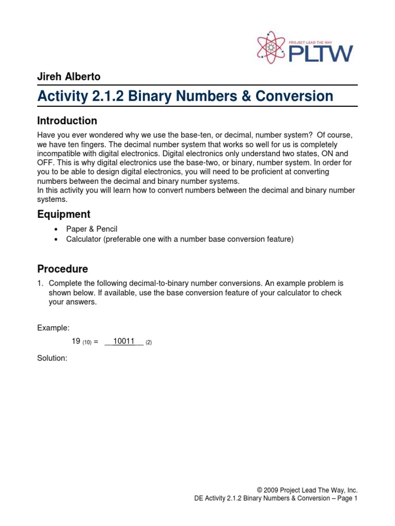 Activity 2.1.2 Binary Numbers & Conversion: Jireh Alberto | PDF ...