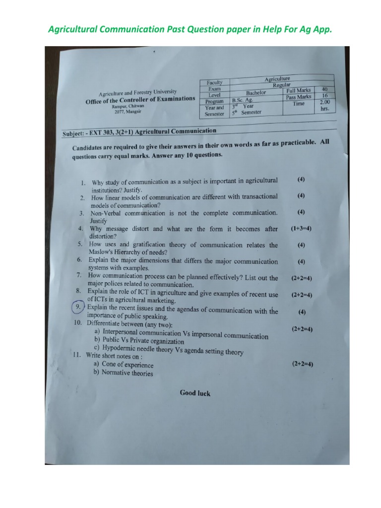 Agriculture Communication Past Question Paper in Help For Ag App | PDF