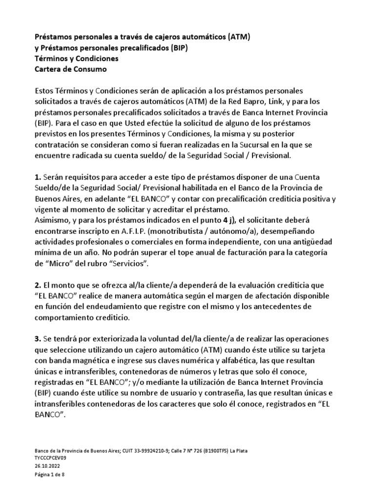 Terminos y Condiciones Prestamos Personales BIP ATM | PDF | Pagos | Bancos