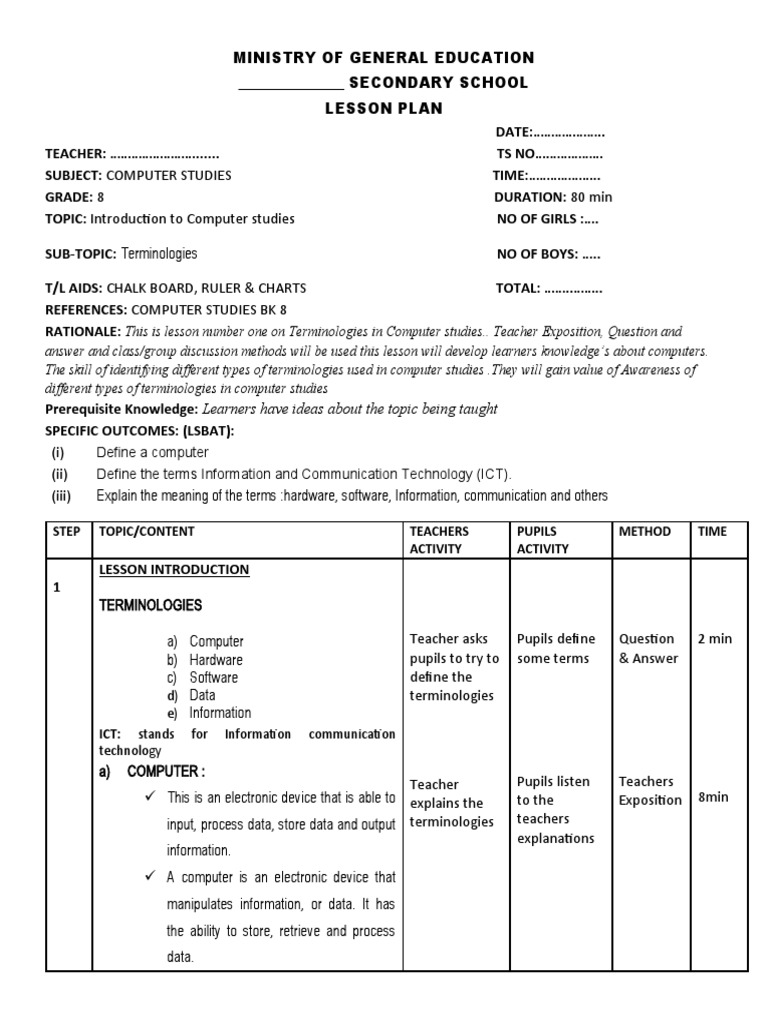Computer Studies Lesson Plans g8 by Phiri D-1 1 | PDF | Input/Output ...